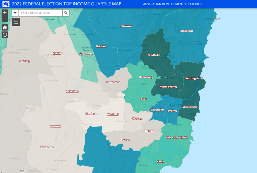 2022 Federal Election Top Income Quartile Map